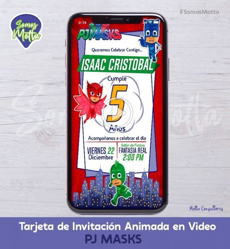 TARJETA DE INVITACIÓN DIGITAL PJ MASKS HÉROES EN PIJAMA