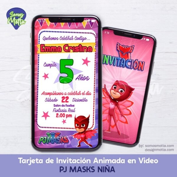 TARJETA INVITACIÓN PJ MASKS NIÑA HÉROES EN PIJAMA